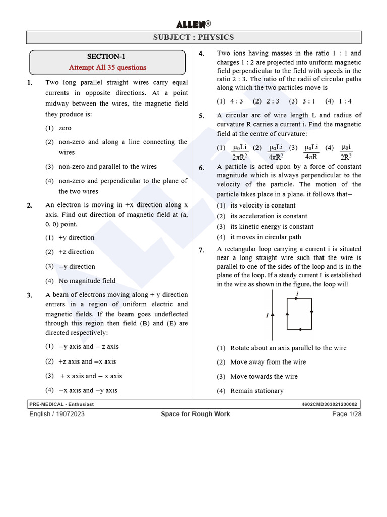 Magnetic Field Questions for Physics Exam | PDF | Adsorption | Magnetic ...