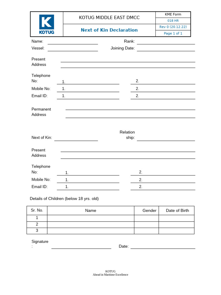Next of Kin Declaration Form | PDF