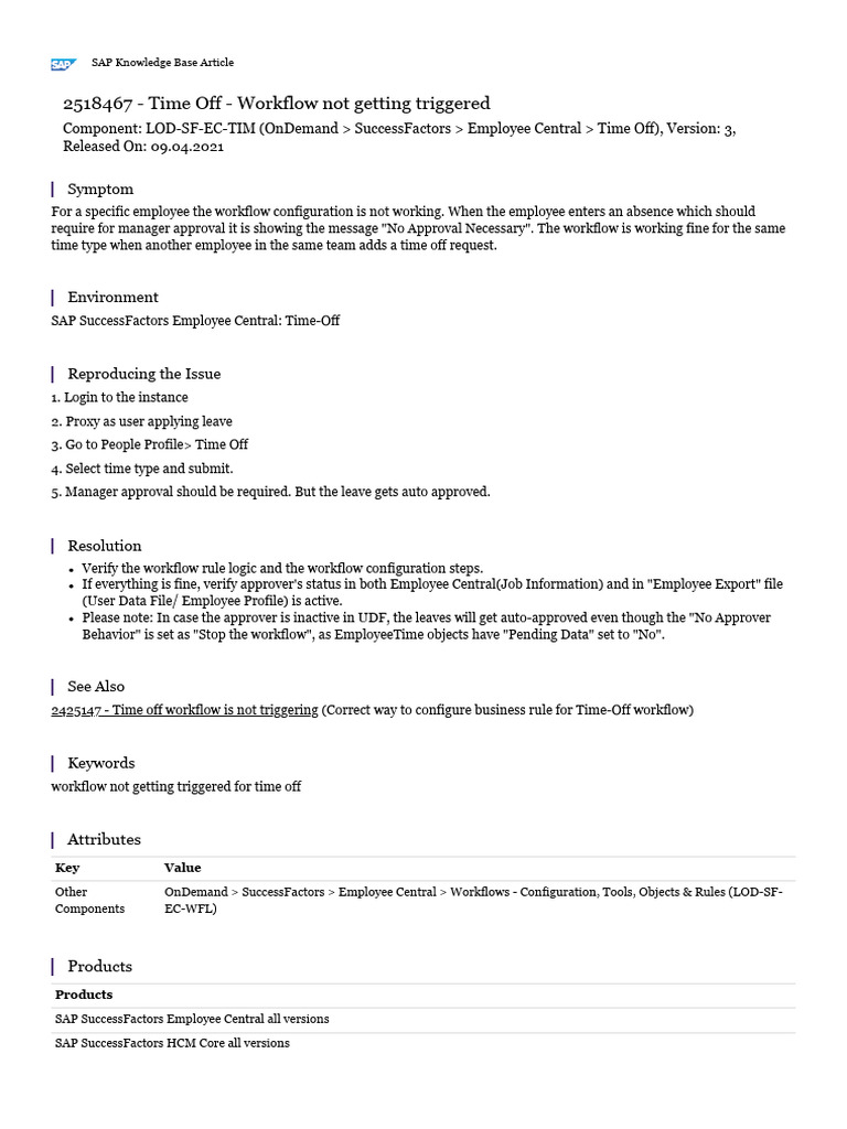 Time Off Workflow Not Triggering Issue | PDF