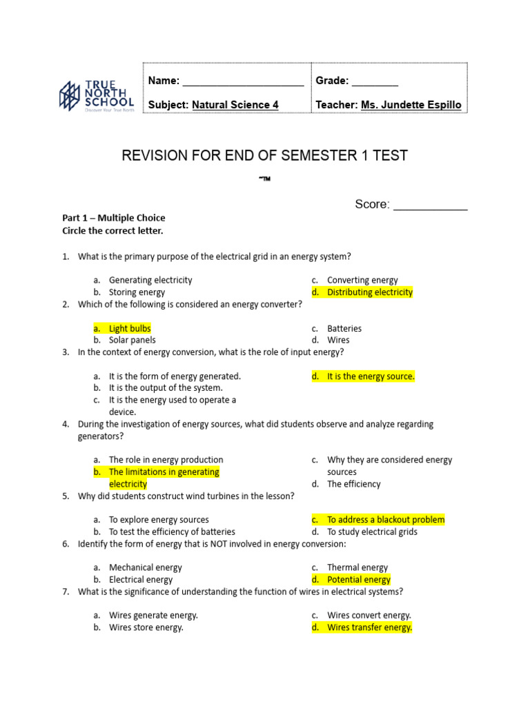 KEY Grade 4 - REVISION - End of Sem 1 Test | PDF | Energy Development ...