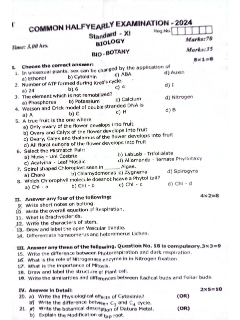 11th Biology Half Yearly Exam 2024 Original Question Paper Thoothukudi ...