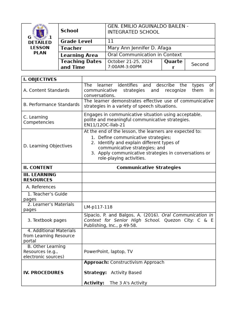 Grade 11 Oral Communication Lesson Plan | PDF | Conversation | Learning