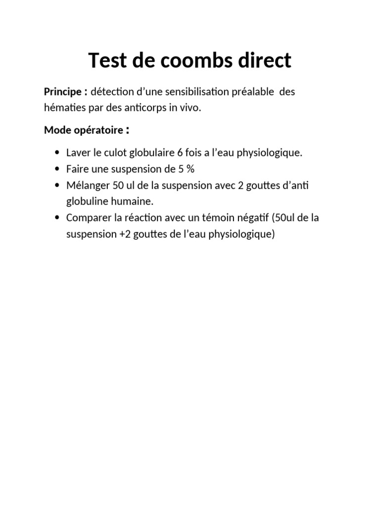 Test de Coombs Direct : Procédure et Analyse | PDF