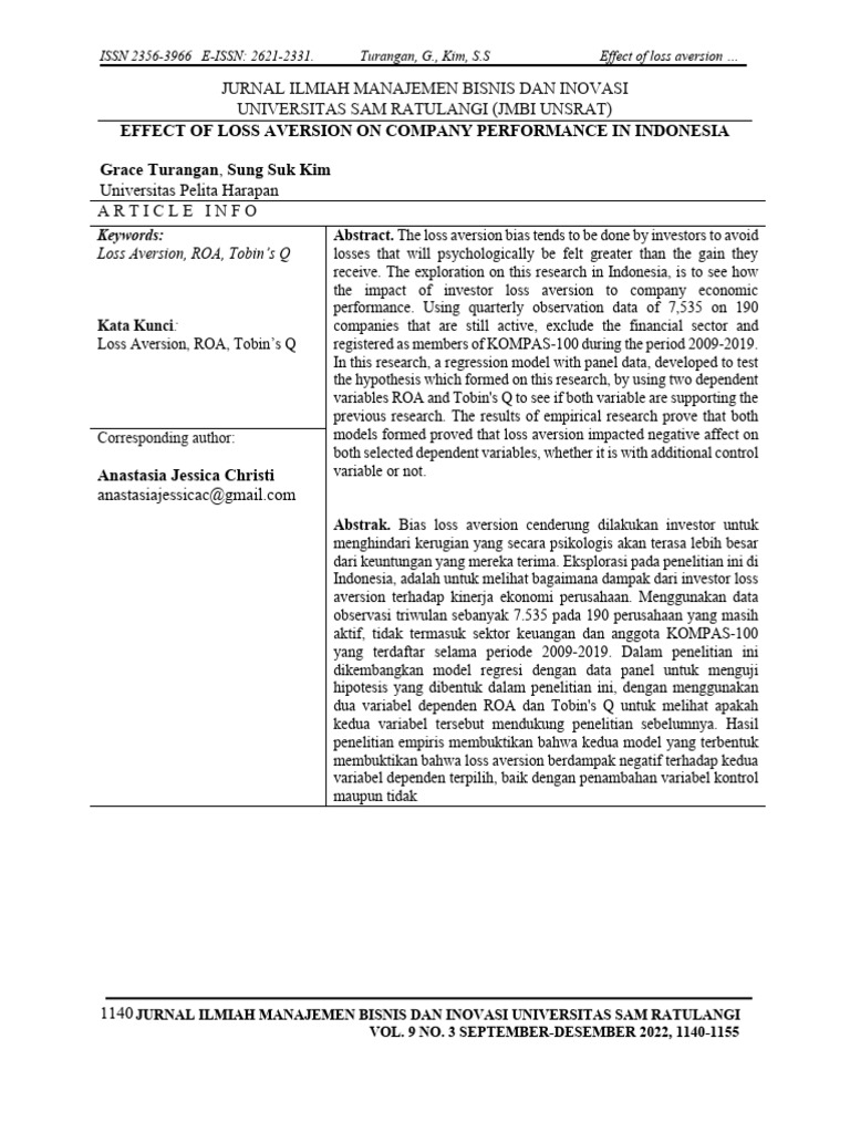Universitas Pelita Harapan: Effect of Loss Aversion On Company Performance in Indonesia Grace ...