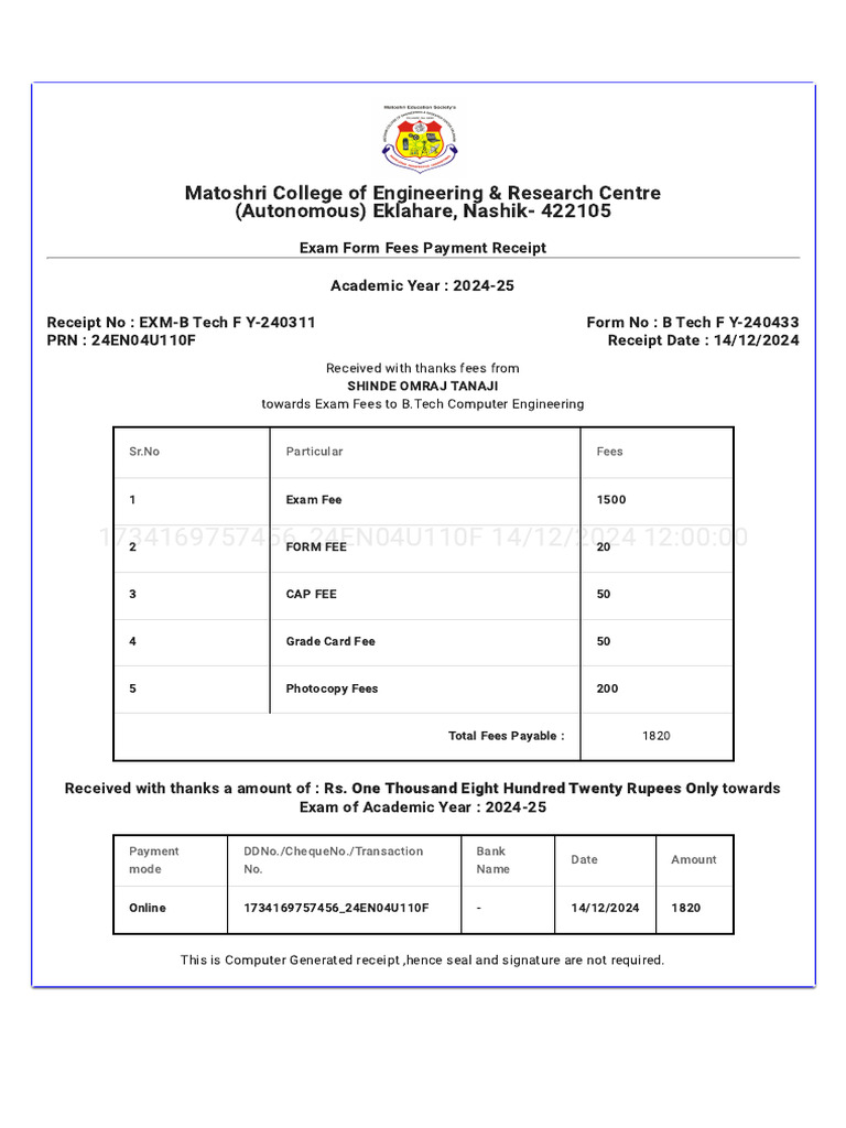 sem 1 fee receipt | PDF