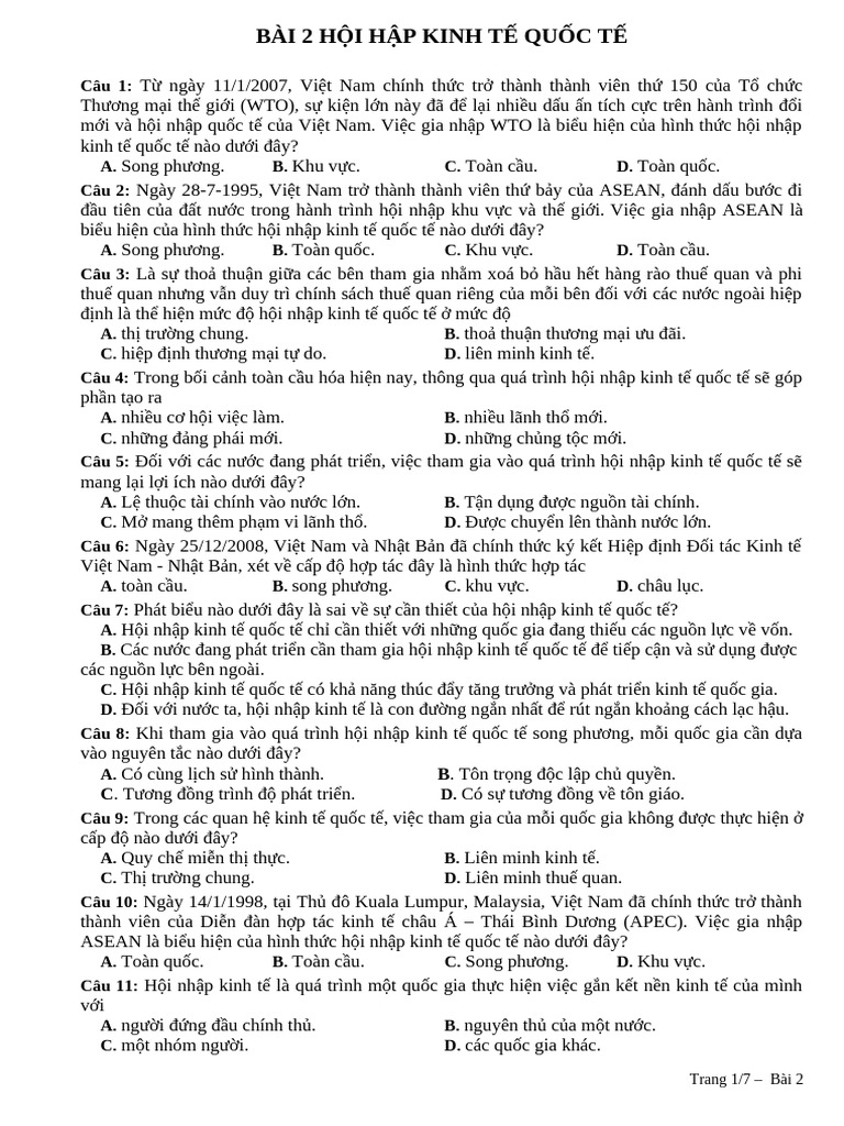 Bài 2_Hôi nhập kinh tế quốc tế - Đề | PDF