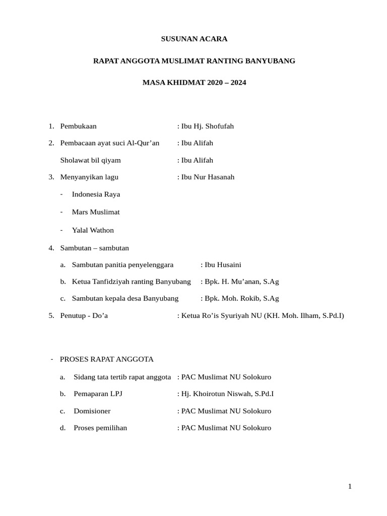 Susunan Acara Rapat Anggota Muslimat Ranting Banyubang MASA KHIDMAT 2020 - 2024 | PDF