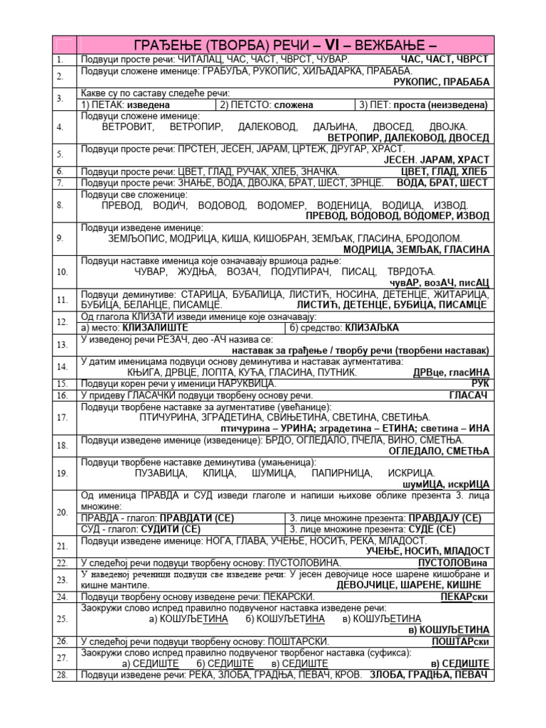 Gradjenje Reci VI Vezbanje | PDF