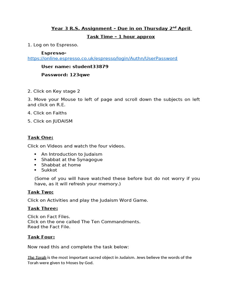 R.S. Assignment For Year 3 - Judaism | PDF