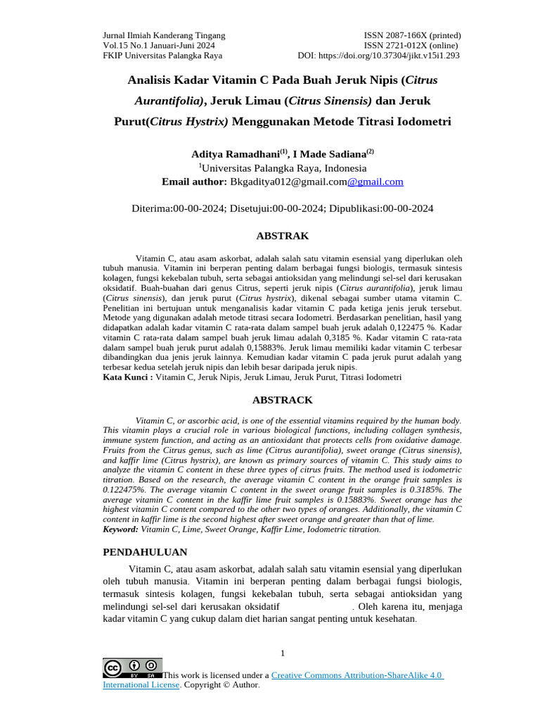 Analisis Kadar Vitamin C Pada Buah Jeruk Nipis (, Jeruk Limau (Dan Jeruk Purut (Menggunakan ...