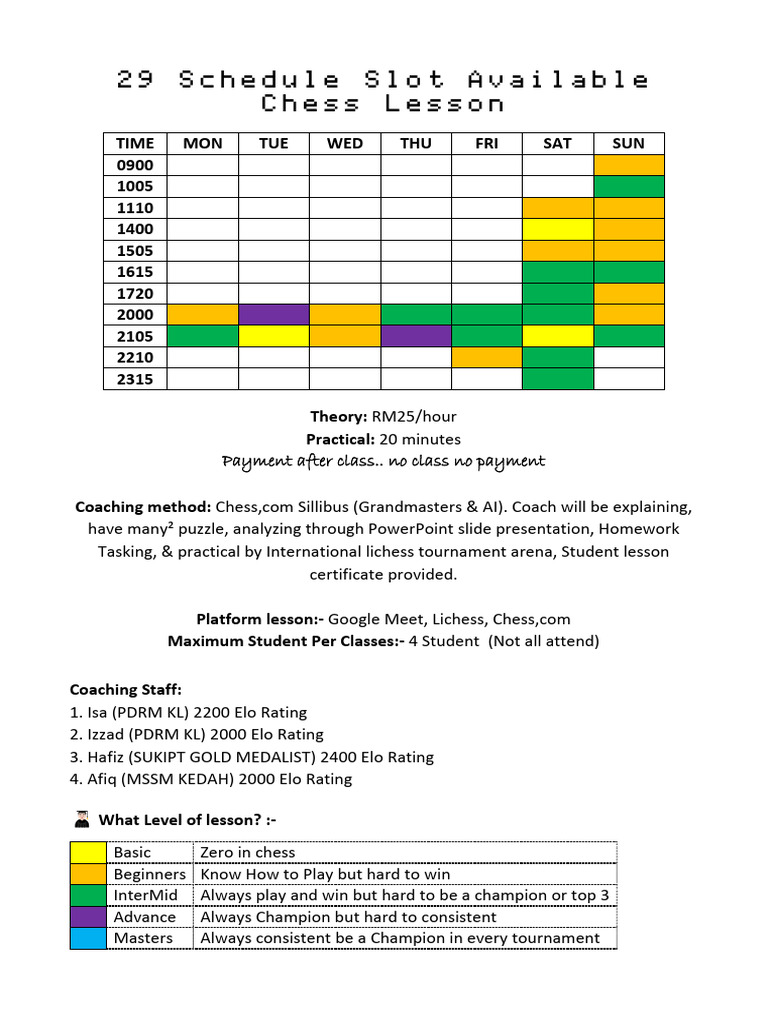 Chess Lessons Schedule & Coaching Details | PDF