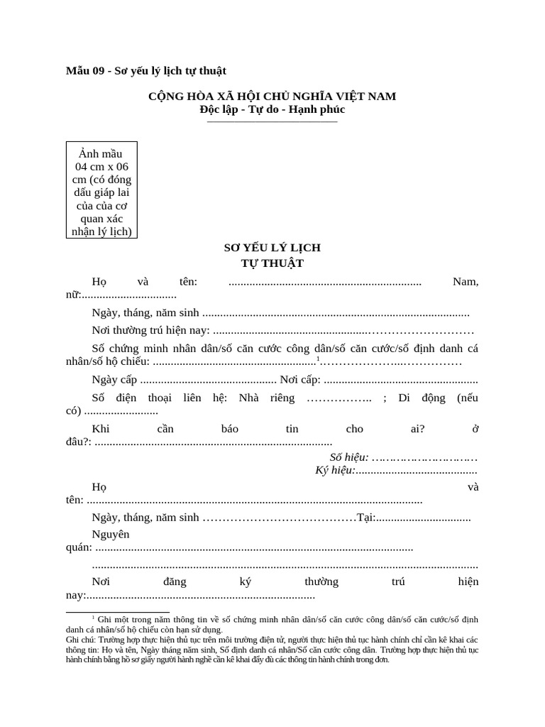 Mẫu 09 SYLL tự thuật | PDF