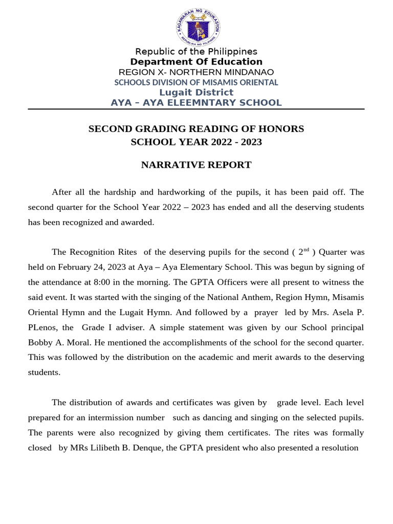 narrative report on reading of honors | PDF