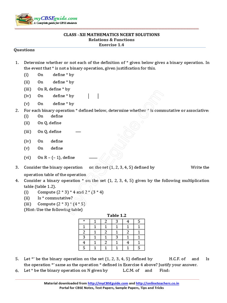 Class XII Mathematics: Binary Operations | PDF | Function (Mathematics) | Mathematical Relations