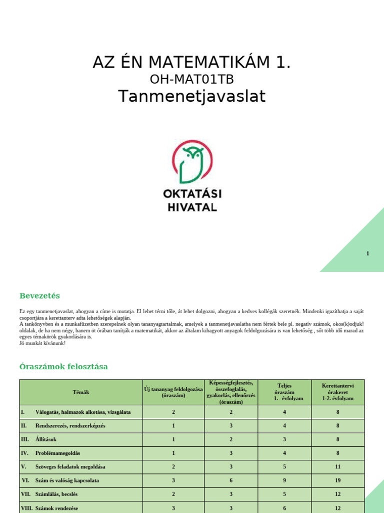 OH-MAT01TB Azenmatematikam 1 Tanmenet | PDF