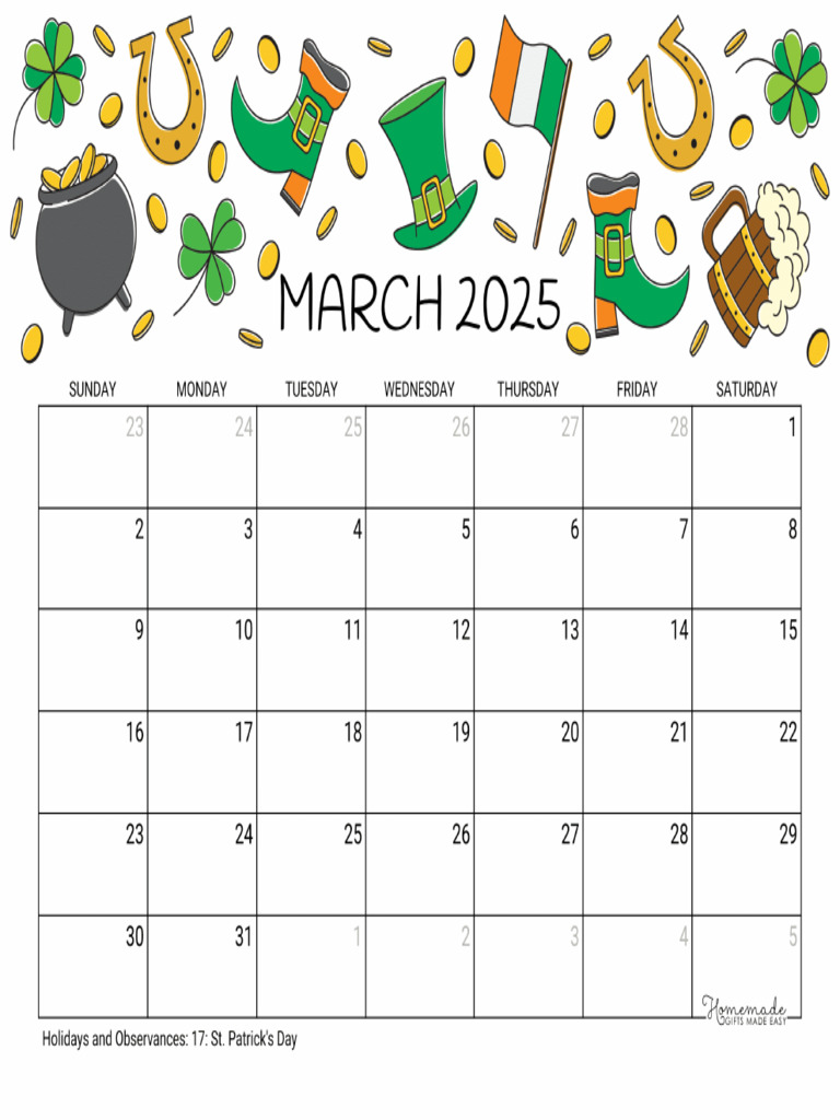 March Calendar 2025 Printable ST Patricks Day Landscape | PDF