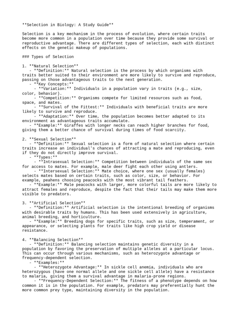 Selection in Biology A Study Guide | PDF | Natural Selection | Evolution