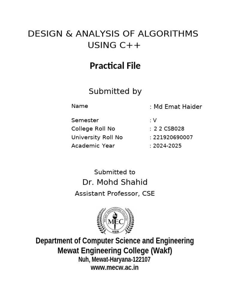ADA Lab File (MD Emat Haider) | PDF | Discrete Mathematics | Algorithms