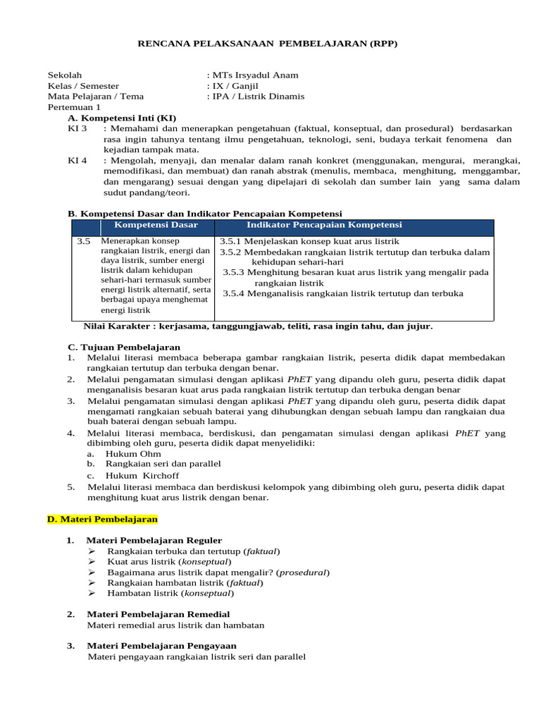 RPP IPA Kelas IX: Listrik Dinamis | PDF