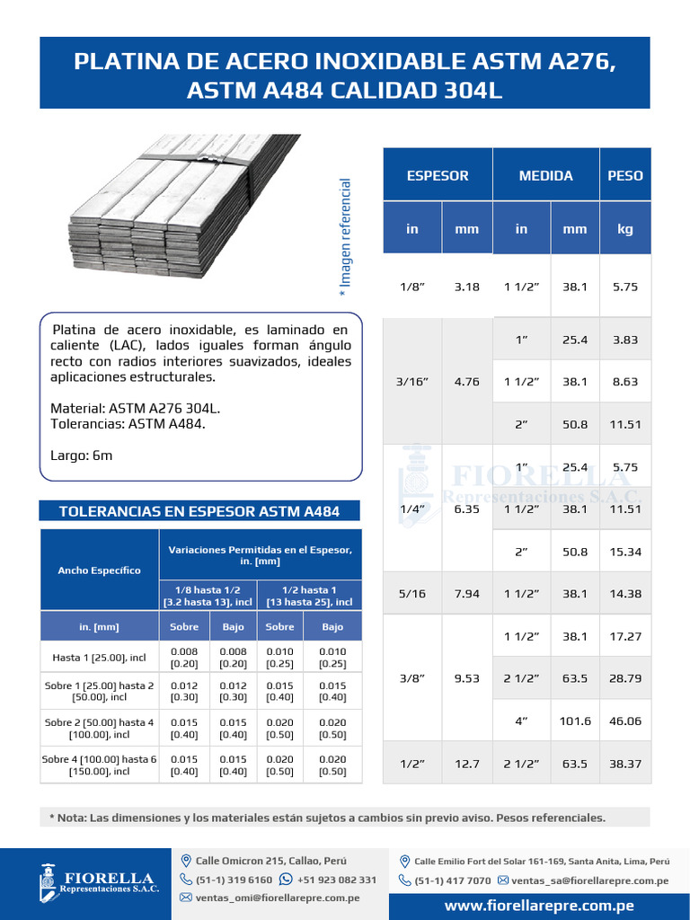 Platina de Acero Inoxidable Astm A276, Astm A484 Calidad 304L | PDF