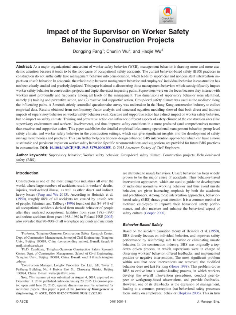 Wu Et Al 2015 Impact of The Supervisor On Worker Safety Behavior in ...