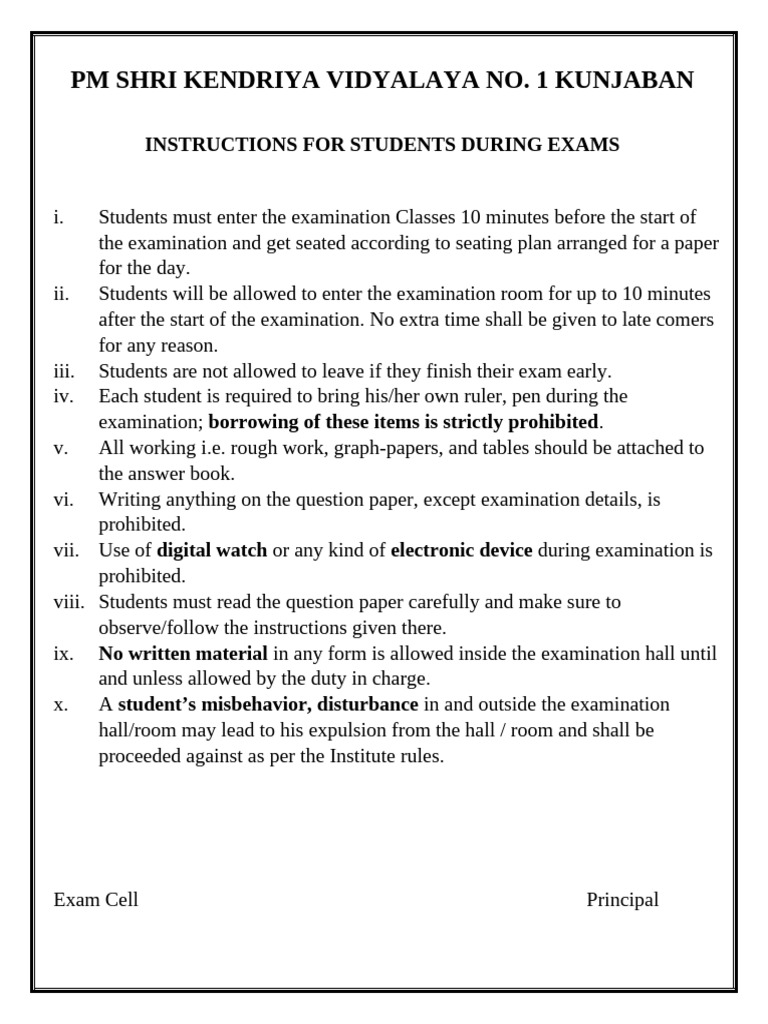 Exam Instructions for Students | PDF