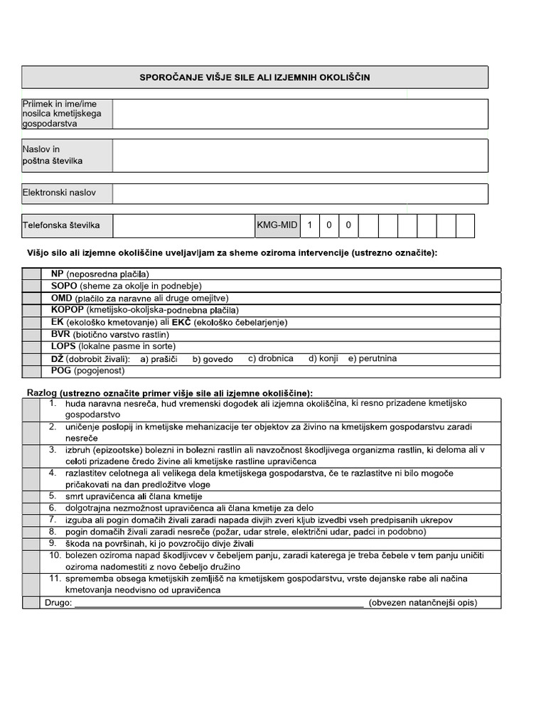 Obrazec Za Sporocanje Visje Sile | PDF