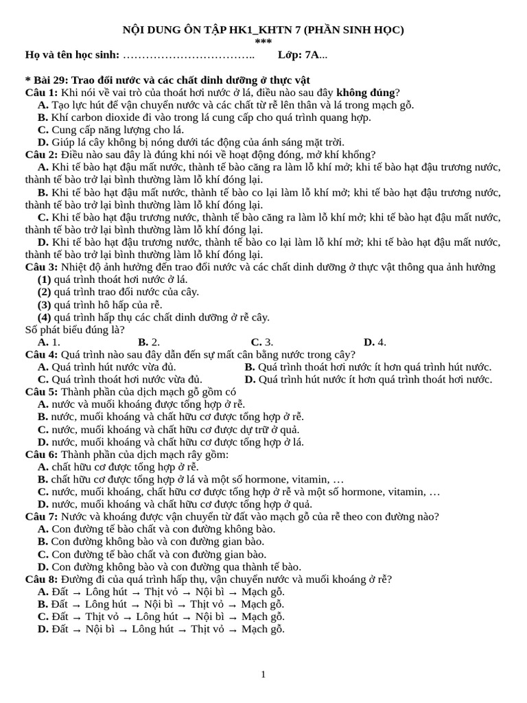 KHTN - Sinh - 7 - HKI - Nội Dung Ôn Tập | PDF