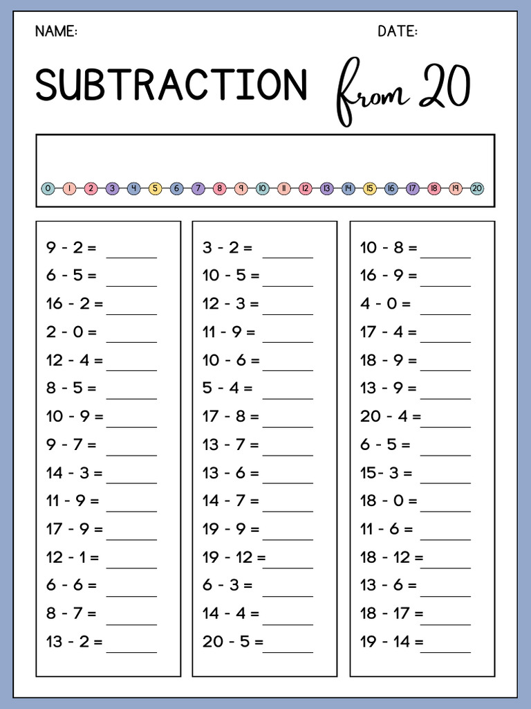 Basic Subtraction from 20 Number Line Worksheet (1) | PDF