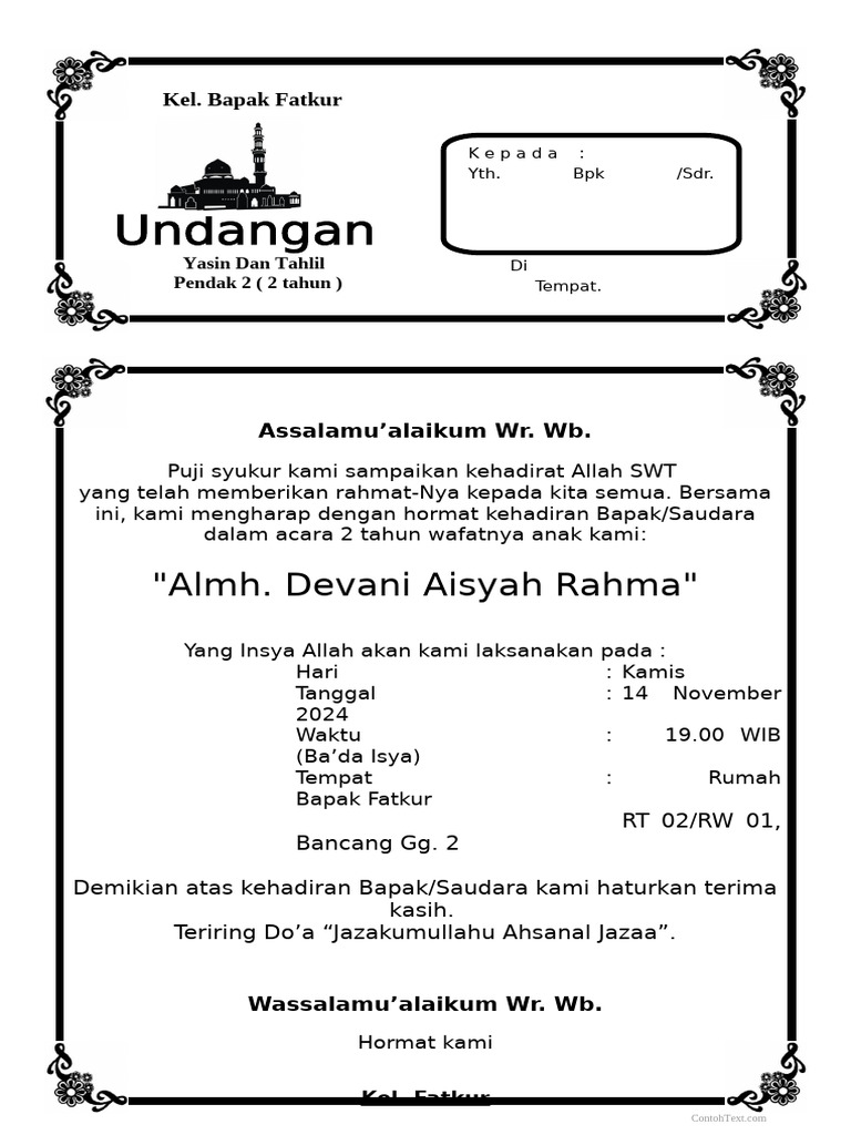 Undangan Yasin&Tahlil 2 Tahun - Contohtext | PDF