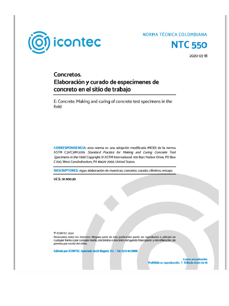 NTC 550 - Elaboracion y Curado de Especimenes de Concreto | PDF