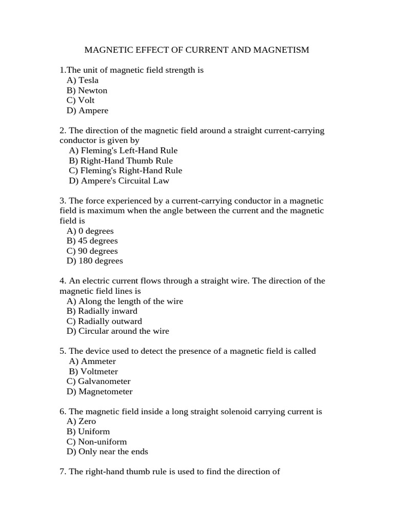 Moving Charges & Magnetic Effetc of Current - MCQ | PDF | Magnetic Field | Electromagnetic Induction