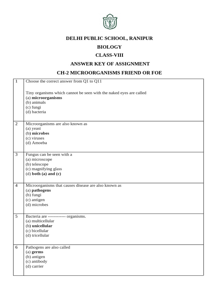 CH2 Answer Key of Assignment | PDF | Microorganism | Bacteria