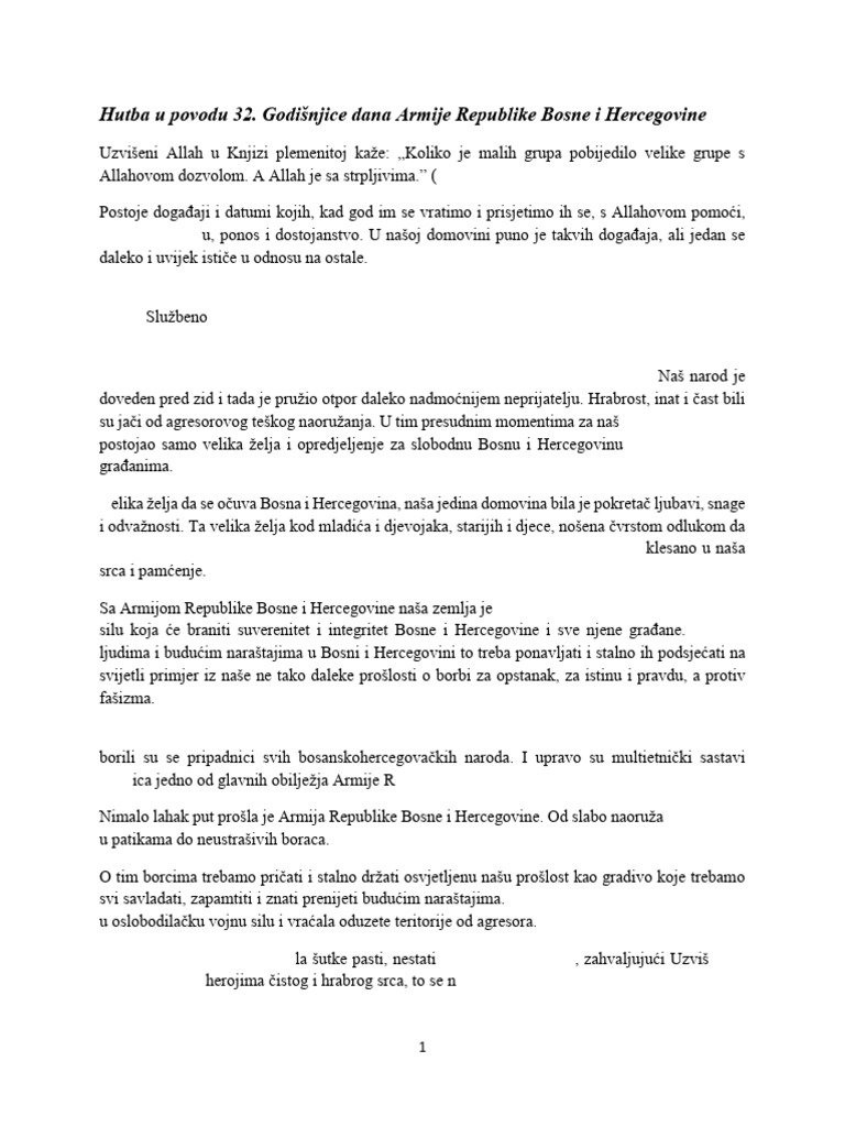 Hutba U Povodu 32. Godišnjice Dana Armije Republike Bosne I Hercegovine | PDF