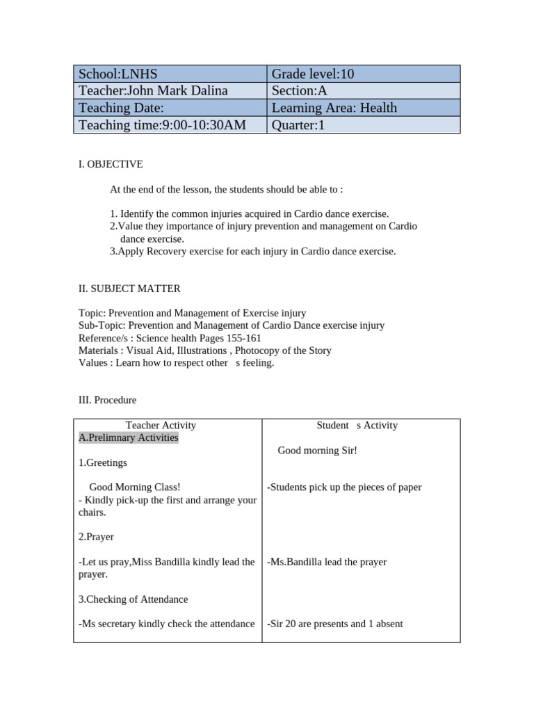 A Detailed Lesson Plan in Cardio Dance Exercise Injury by John Mark ...