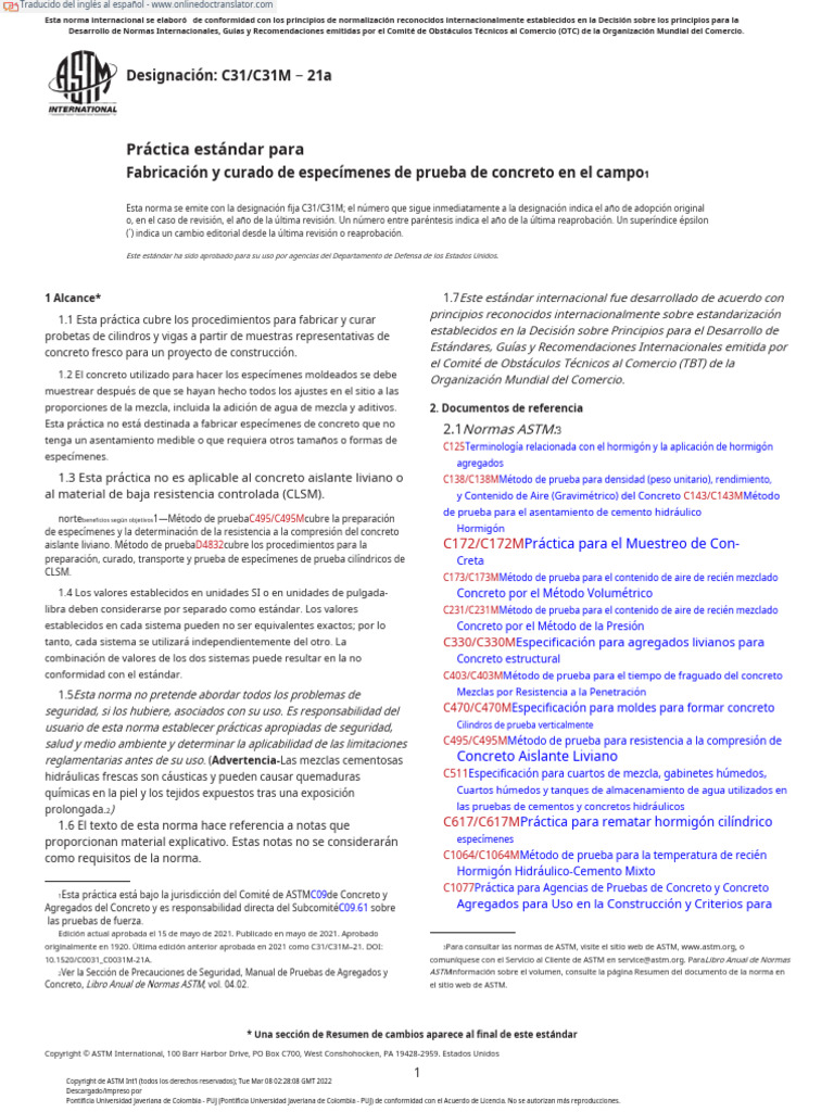 ASTM - C31 Español Elaboracion y Curado de Especímenes en Lab | PDF ...