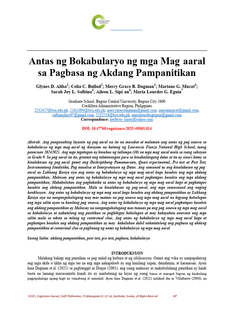 Antas NG Bokabularyo NG Mga Mag-Aaral Sa Pagbasa NG Akdang Pampanitikan | PDF