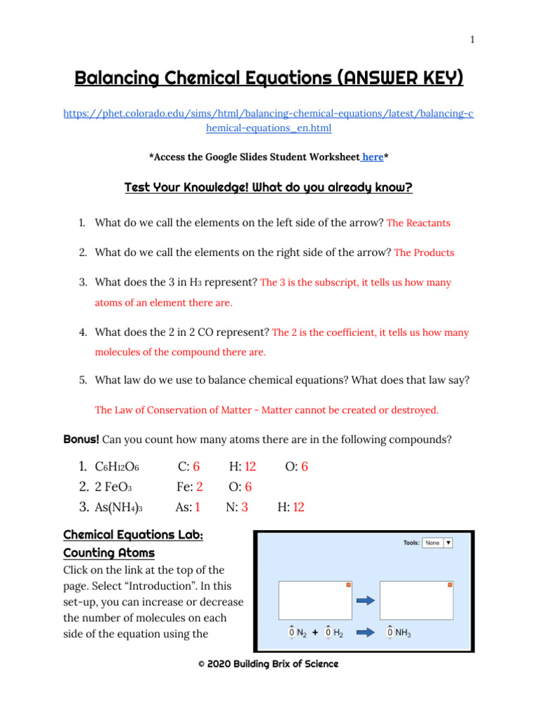 (Teacher Answer Key) Balancing Chemical Equations Virtual Lab | PDF ...