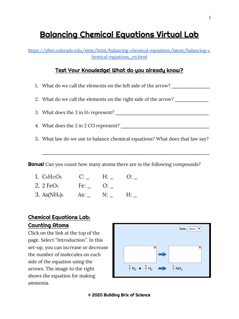 (Student Worksheet) Balancing Chemical Equations Virtual Lab | PDF ...