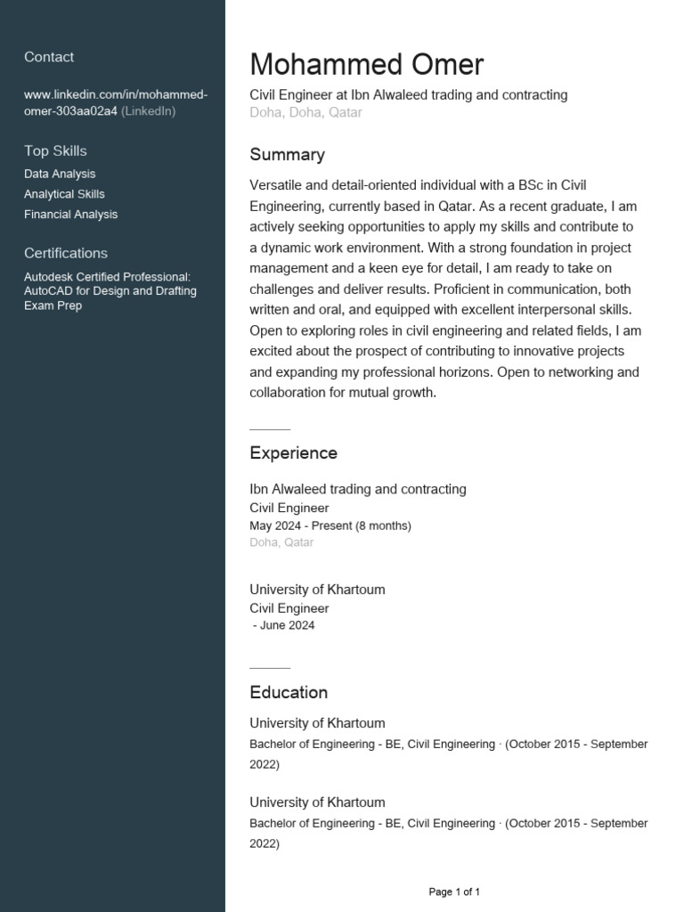 Civil Engineer Mohammed Omer Profile | PDF