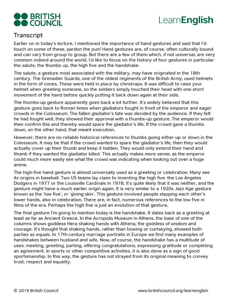 The history of hand gestures | PDF | Nonverbal Communication