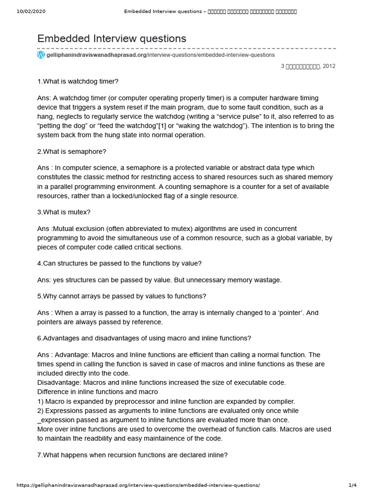 Embedded Interview Questions గెల్లి ఫణింద్ర విశ్వనాధ ప్రసాదు Pdf Scope Computer Science