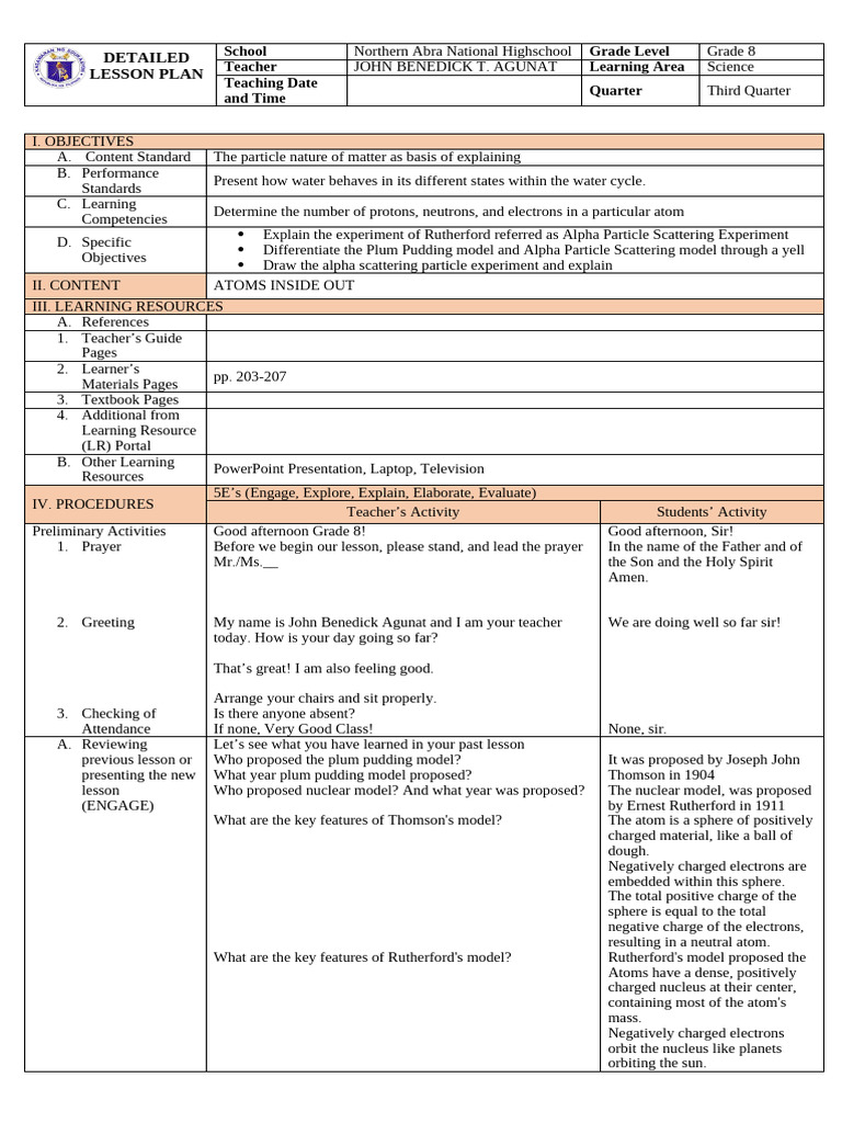 Grade 8 Science Lesson Plan | PDF | Atomic Nucleus | Atoms