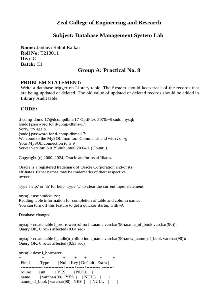 DBMS PRACTICAL 8 | PDF | Software | Data