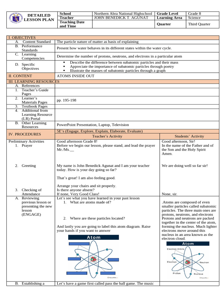 Grade 8 Science Lesson Plan on Atoms | PDF | Atomic Nucleus | Atoms
