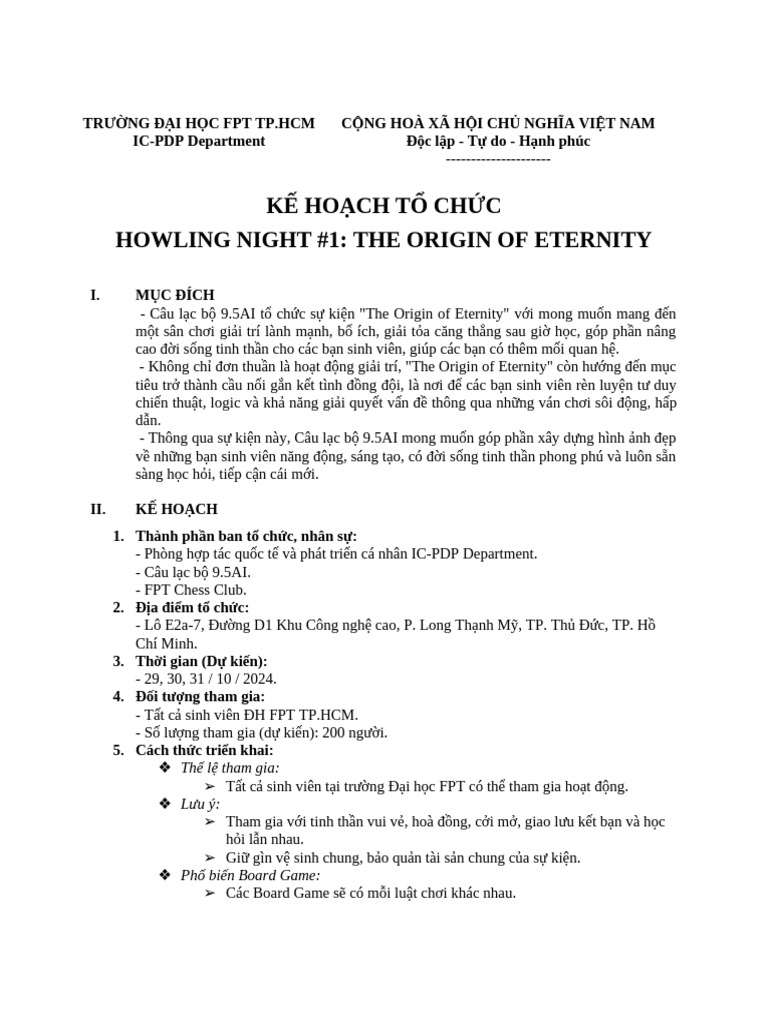 HN1-KẾ-HOẠCH-TỔ-CHỨC-SỰ-KIỆN - -HOWLING-NIGHT-1 - -The-origin-of-eternity 2 | PDF
