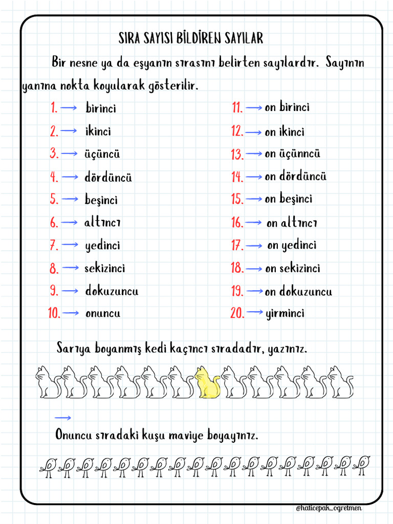1 Sinif Matematik Sira Sayisi Bildiren Sayilar | PDF