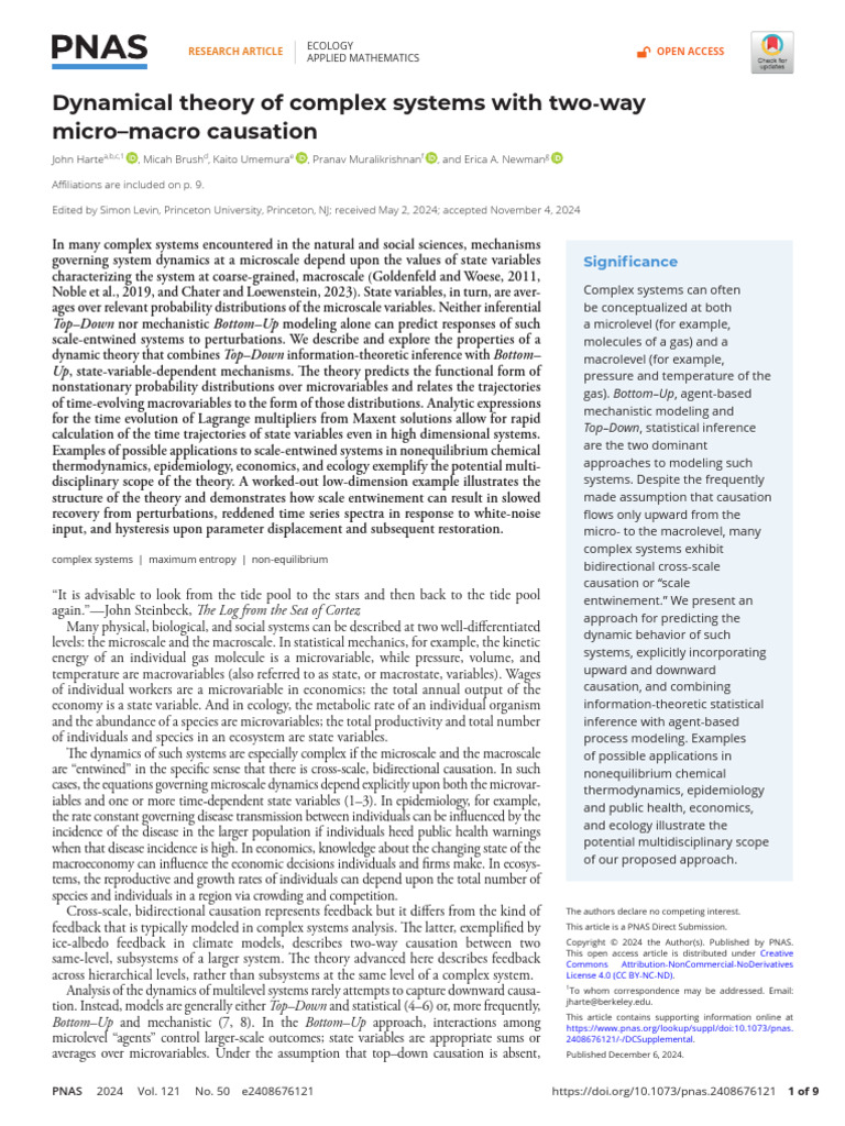 Dynamical Theory of Complex Systems With Two-Way Micro-Macro Causation | PDF | Entropy | Gases