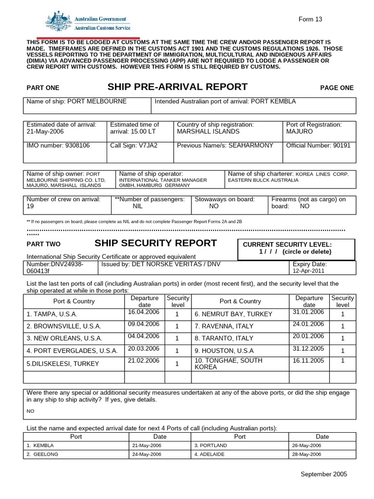 1 Ship Pre-Arrival Report (Form 13) | PDF | Shipping | Water Transport