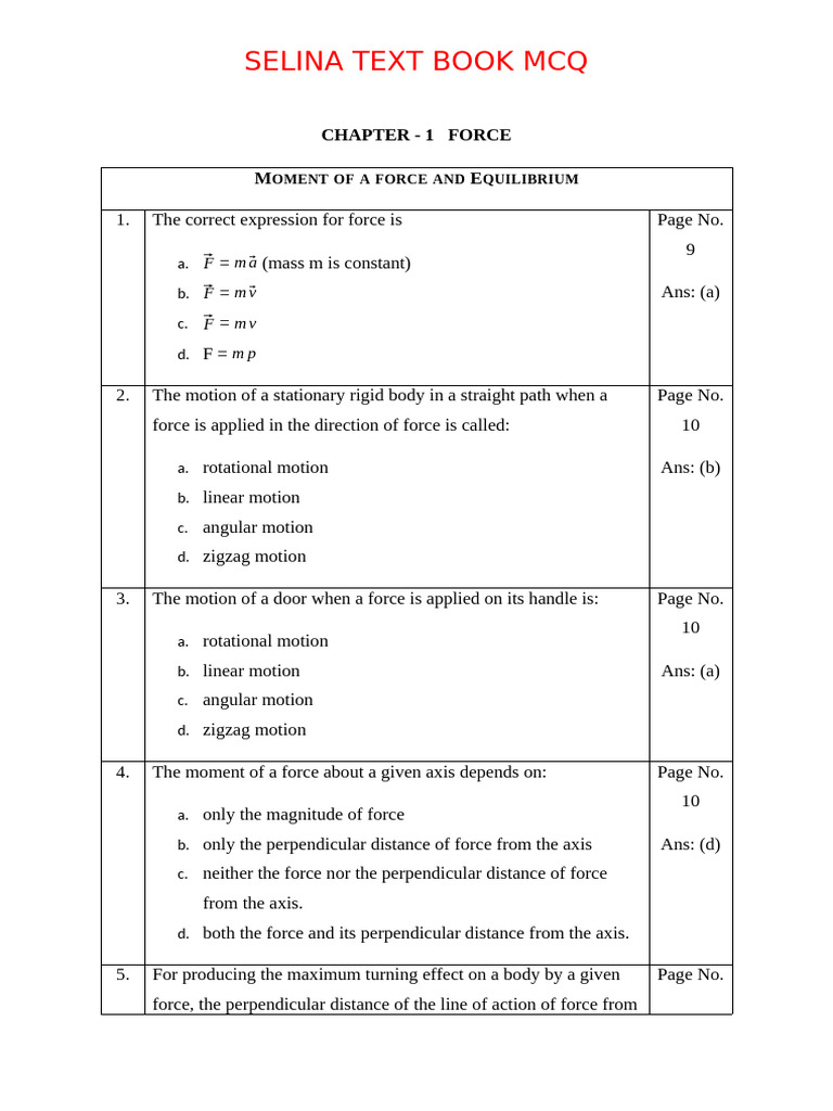 Selina MCQ - Chapter 1 To 6 | PDF | Force | Rotation Around A Fixed Axis